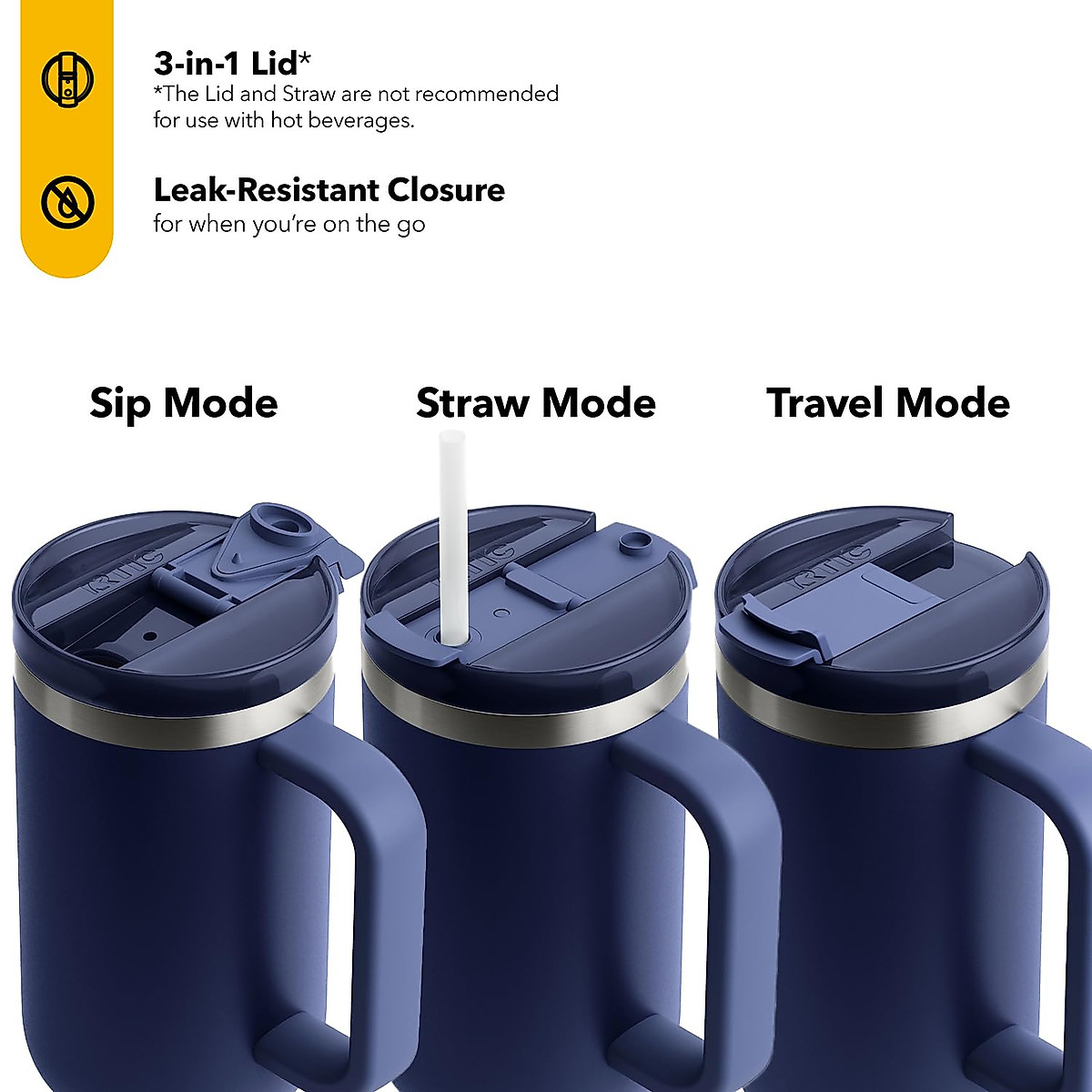 RTIC 40 oz Road Trip Tumbler Double-Walled Insulated Stainless Steel Portable Travel Coffee Mug Cup with Lid, Handle and Straw, Navy