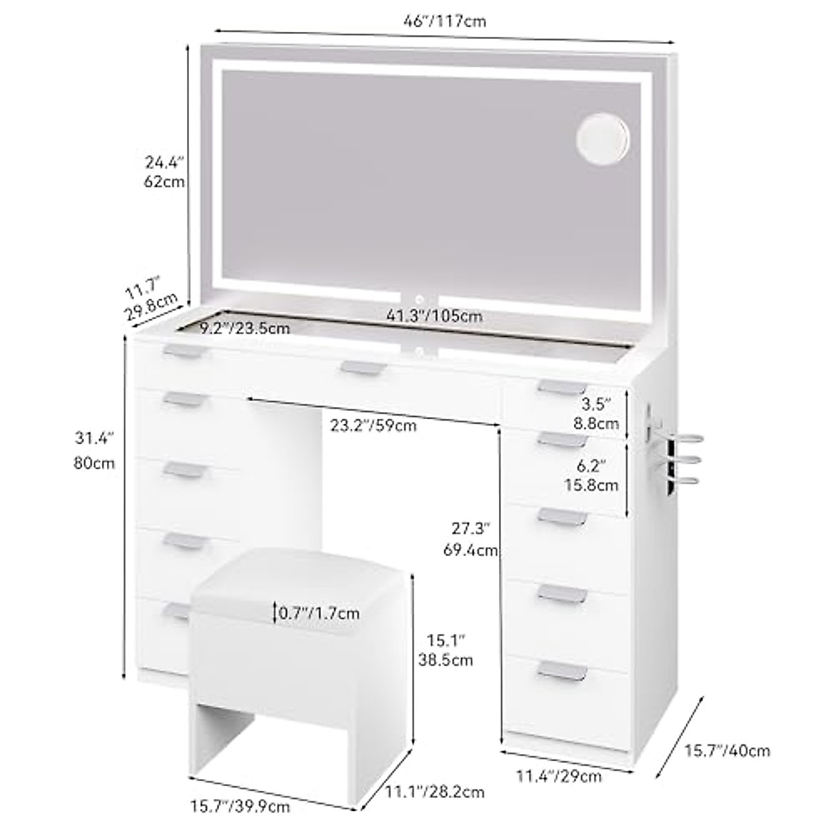 YITAHOME Vanity Desk Set with Large LED Lighted Mirror & Power Outlet, Glass Top Vanity with 11 Drawers and Magnifying Glass, 46'' Large Makeup Vanity with Storage Bench, White Vanity for Bedroom