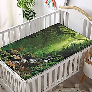 Rainforest Themed Fitted Mini Crib Sheets,Portable Mini Crib Sheets Ultra Soft Material-Baby Sheet for Boys Girls,24“ x38“,Green Brown