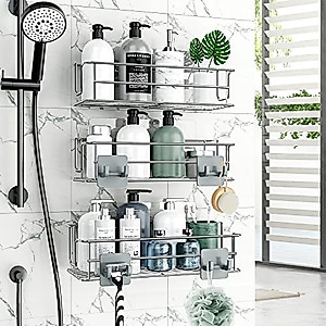 Thideewiz 3 Pack Adhesive Hanging Shower Caddy, 2.7-3.1inch Height Stainless Steel Bathroom Organizer, Silver Polished Shower Shelves with 4 Plastic Hooks and 4 Adhesives