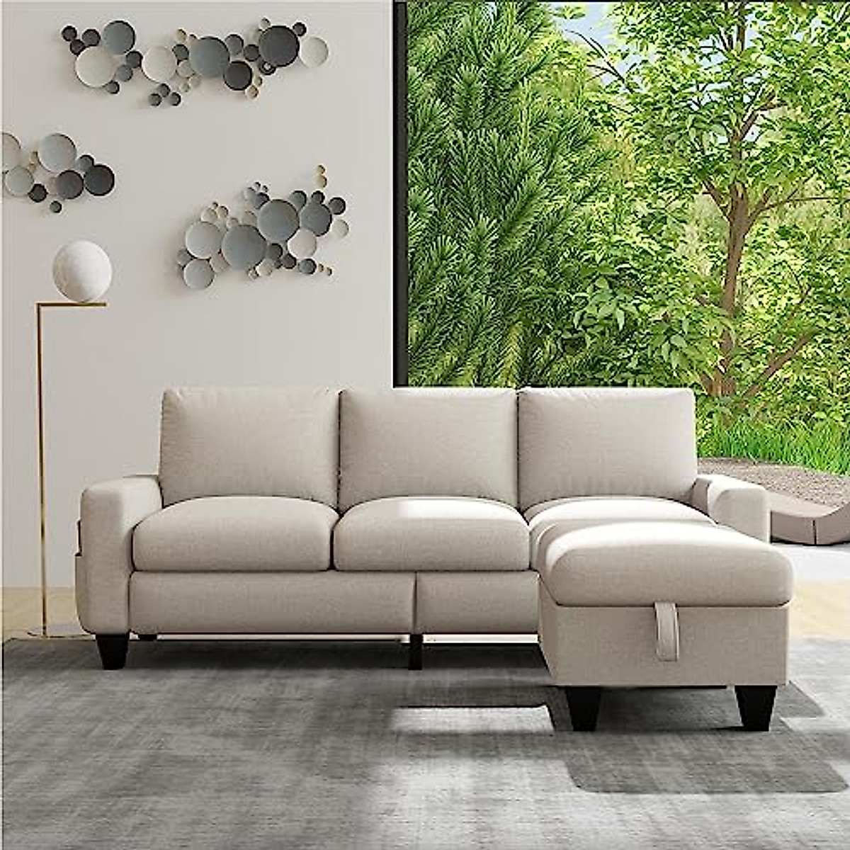 Sectional Sofa L-Shaped Couch, Couches for Living Room with Reversible Storage Chaise & Side Storage Pockets, 3-Seat Linen Modular Sofa for Living Room/Apartment/Dorm/Office/Small Space (Beige)