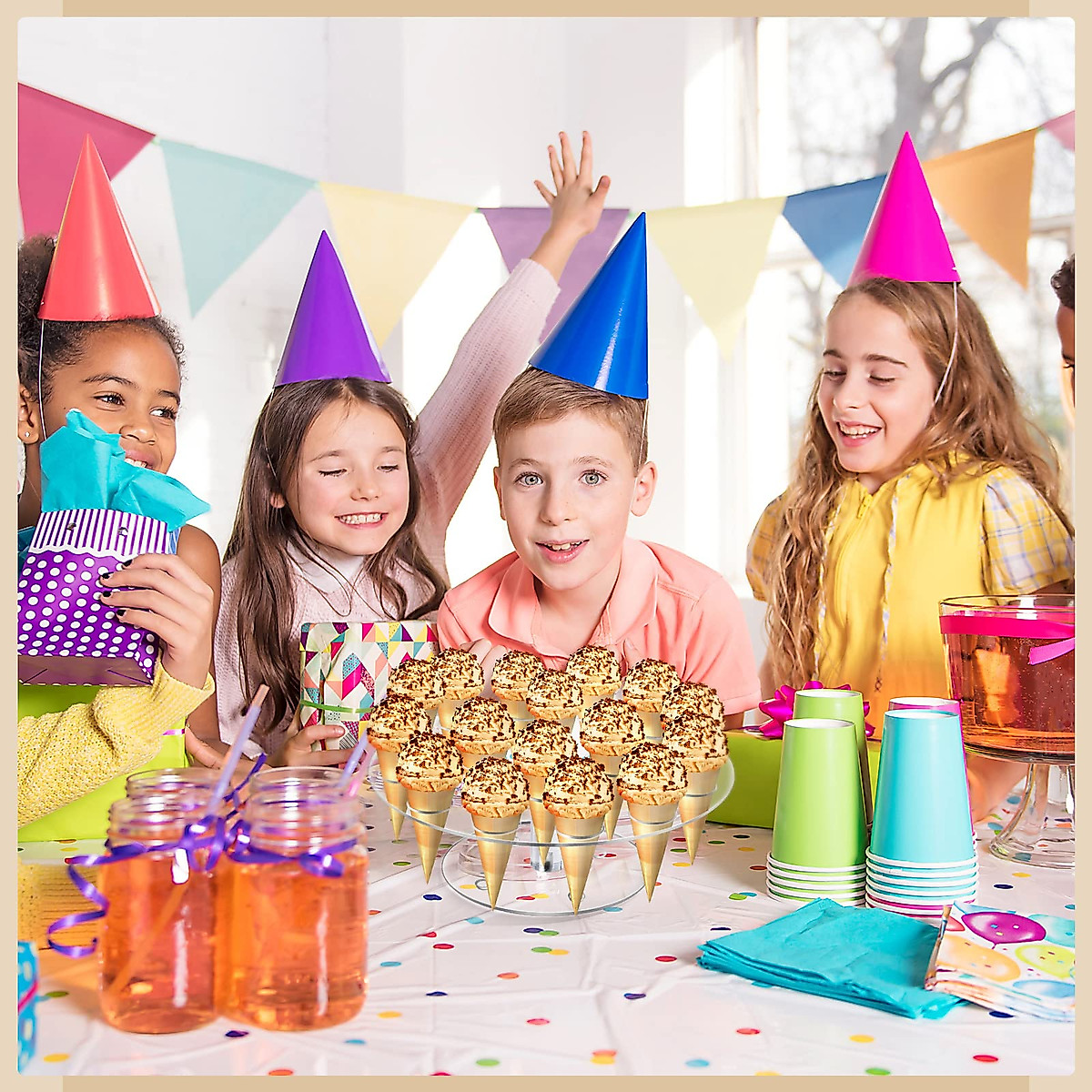 2 Pieces Ice Cream Cone Holder with 100 Pieces Disposable Wood Cones, 16 Holes Food Stand Acrylic Cone Display Stand Hand Roll Sushi Stand Rack for Weddings Baby Showers Birthday Parties Favors