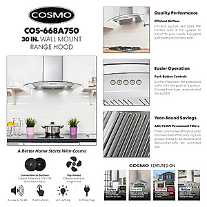 COSMO 668A750 Wall Mount Range Hood 380-CFM with Ducted Glass Chimney Kitchen Stove Vent, LED Light, 3 Speed Exhaust Fan, Permanent Filter, Stainless Steel (30 inch)