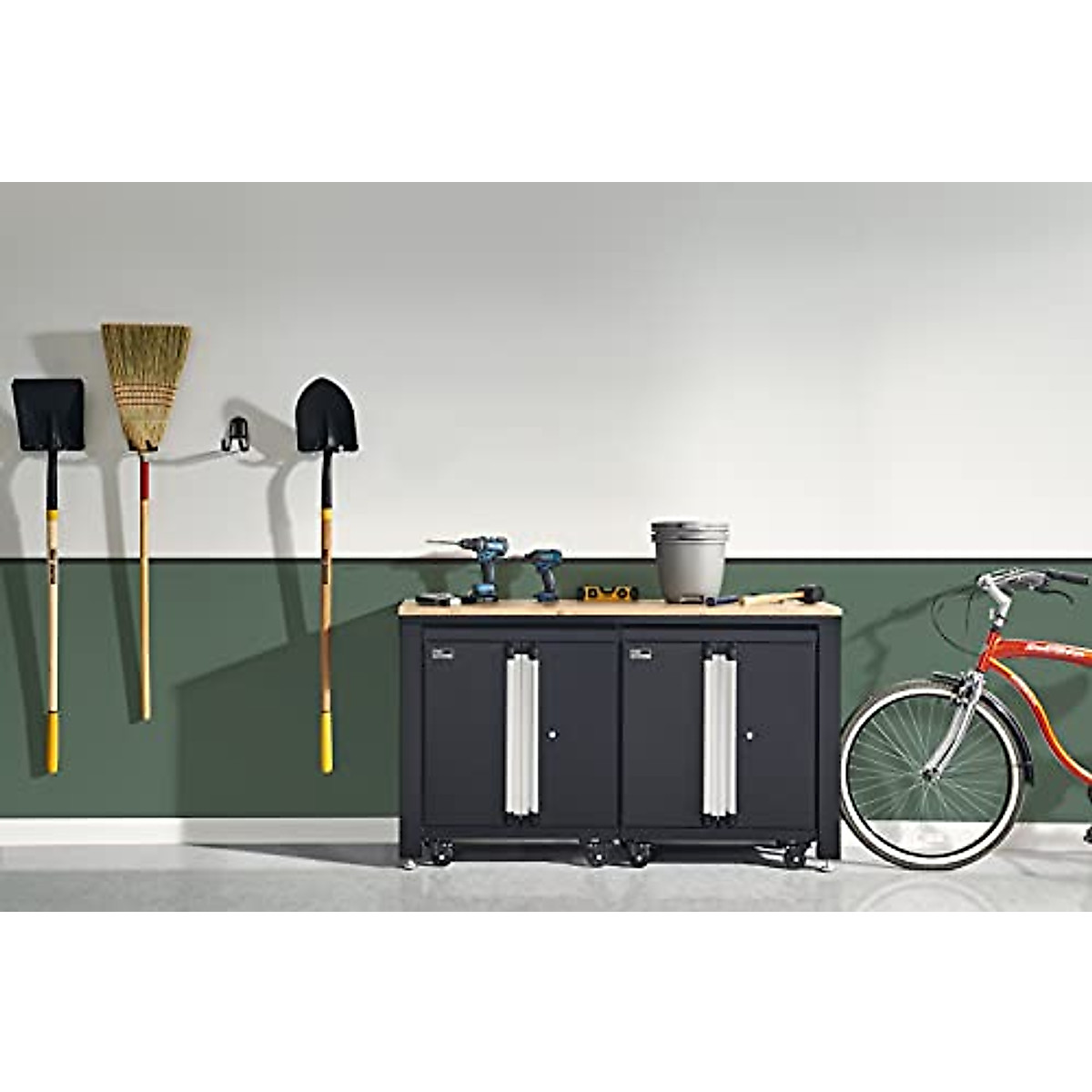 ClosetMaid ProGarage Garage Storage Base Cabinets & Workbench Top 3-Piece Set, Custom, Durable, Adjustable, Steel Construction, Black