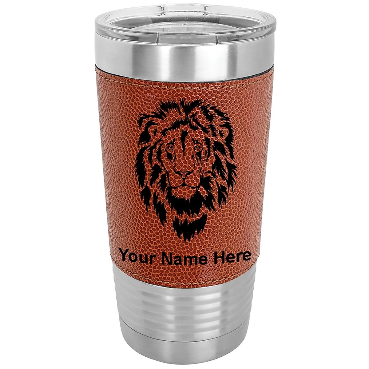 LaserGram 20oz Vacuum Insulated Tumbler Mug, Lion Head, Personalized Engraving Included (Faux Leather, Basketball Style)