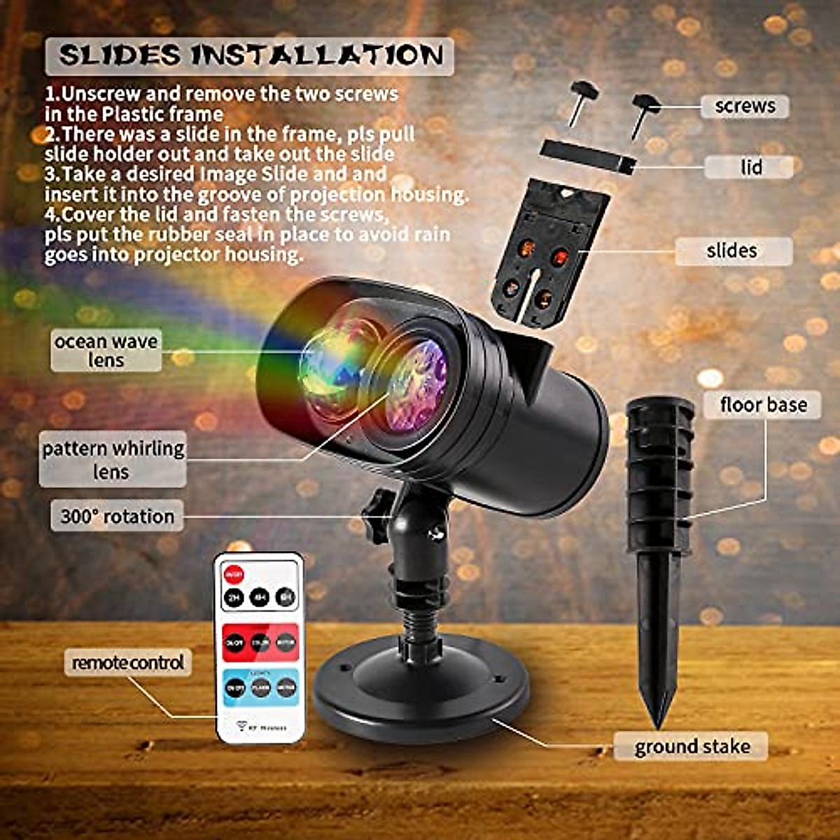 Christmas Projector Lights Nativity Outdoor Indoor Holiday 2-in-1 Ocean Wave 18 Slides LED Projection Light Remote Control Waterproof for Xmas Landscape Theme Holidays Halloween Parties