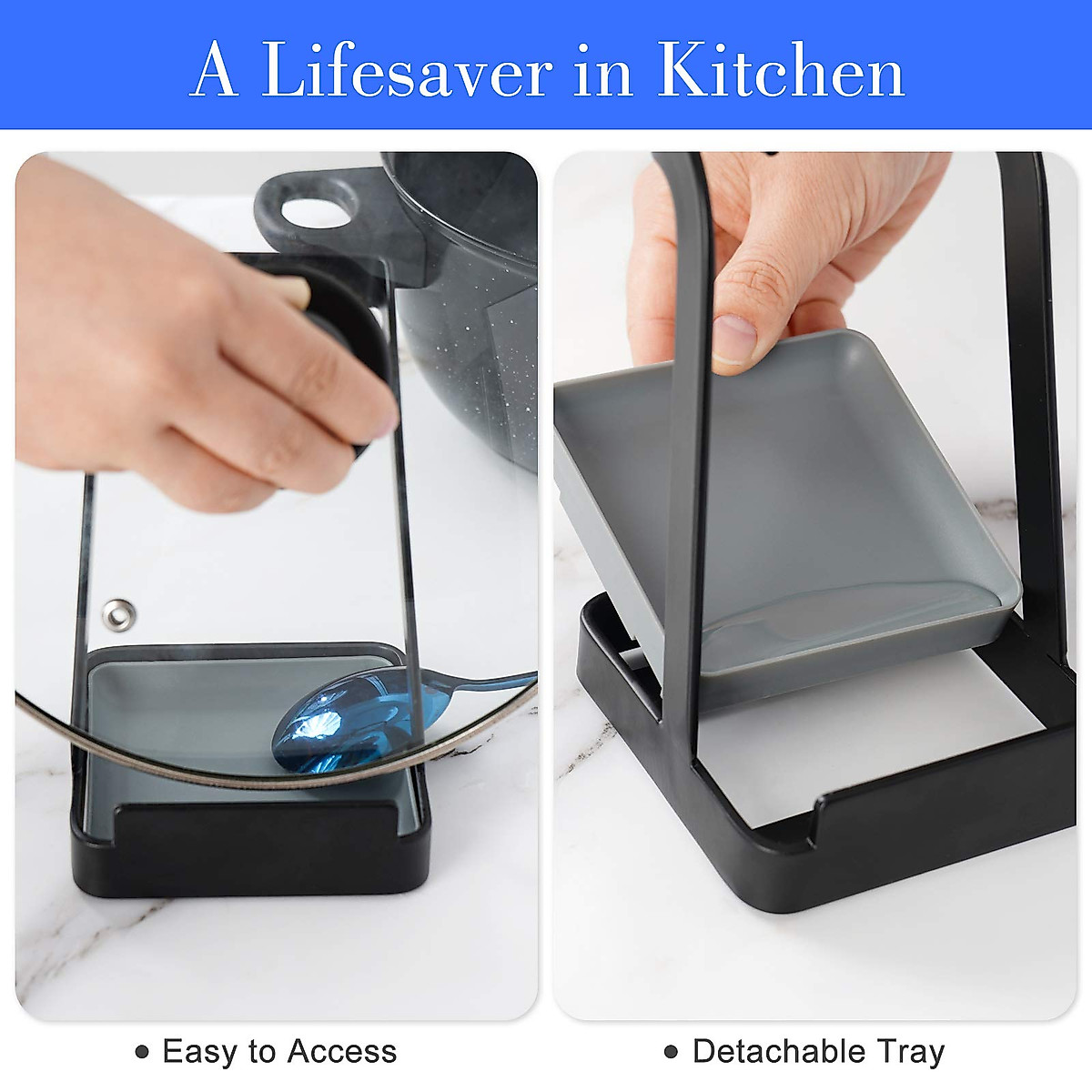 NiHome Versatile Pot Lid Ladle Holder Multipurpose Spatula Pad Book Cutting Board Spoon Rest Kitchen Utensils Drip Tray Washable Durable Stable Tack-Free Installation (Black)