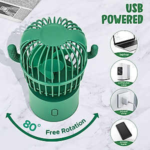 QearFun Cactus Desk Fan,Small Desk Fan Portable with USB Rechargeable Battery,80 Degree Rotation 3 Speeds Strong Wind Personal Fan for Home Bedroom Office Travel,Cactus Decor for Desktop & Car - Green
