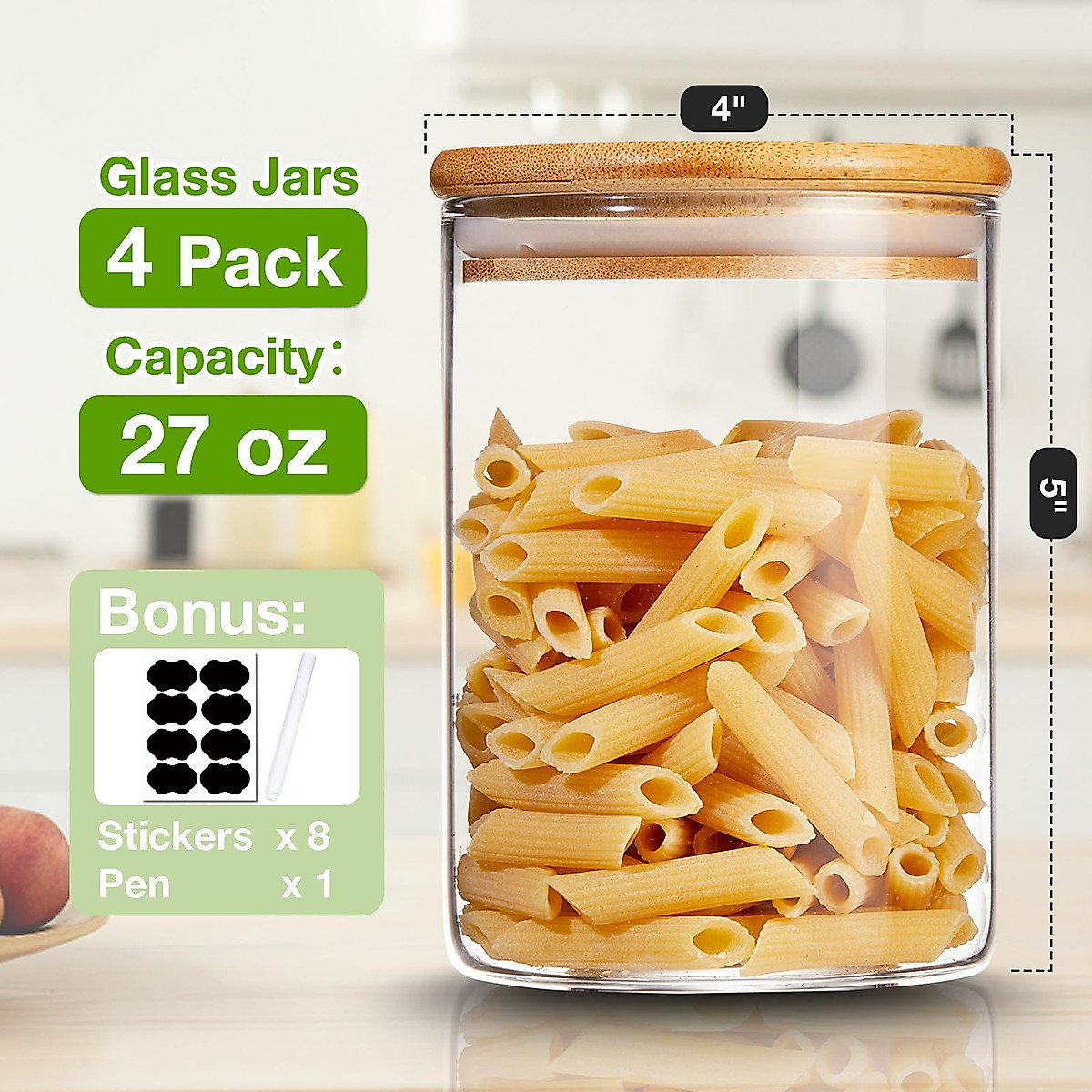 Mfacoy 4 Pack Glass Storage Jars with Airtight Bamboo Lid, 27 OZ Glass Canisters Set with Labels, Glass Food Storage Jar for Kitchen, Clear Container for Candy, Cookie, Coffee Beans, Snacks, Spices