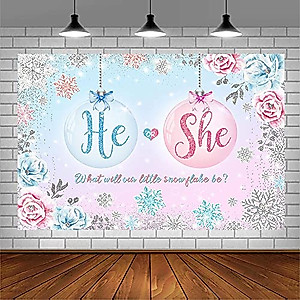 AIBIIN 7x5ft Winter Snowflake Gender Reveal Backdrop Pink or Blue He or She What Will Baby Be Boy Girl Floral Photography Background Baby Shower Party Decoration Banner Supplies Photo Studio Props