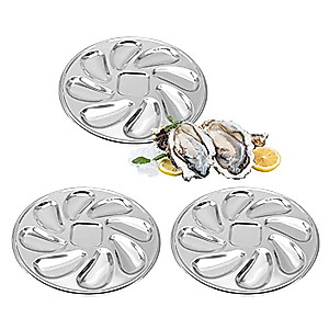 UOIENRT 3 Pack Oyster Plate, Stainless Steel 8 Slots Oyster Grill Pan with Center Slot Multi-Functional Grill Pan for Oysters and Scallop, Sauce and Lemon(Silver)