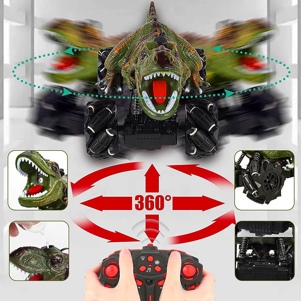 KunisJoy 2.4G Dinosaur Remote Control Car,Dinosaur Monster Trucks for Boys with Music Light Spray Mist.Dinosaur Toys for Kids, Birthday Gift for 3 4 5 6 7 8 Year olds Boys Girl