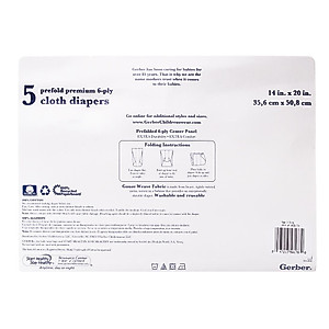 Gerber Prefold Premium 6-Ply Cloth Diapers, 5-Pack
