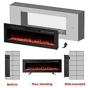 EROMMY 60 in Electric Fireplace Insert,Recessed and Wall Mounted Fireplace with Timer, Free Standing, Remote Control, Touch Screen, Overheating Protection, Log&Crystal, 9 Adjustable Flame, 750/1500W
