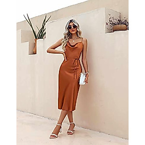 Ekouaer Women's Satin Nightgown Adjustable Sleeveless Spaghetti Strap Silky Satin Midi Slip Dress Silk Sleepwear Sleepwear Nightshirts Rust Brown
