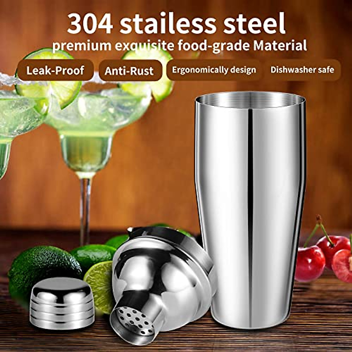 Cocktail Shaker Set, 6-Piece Bartender Kit Premium Shakers Bartending: Martini Shaker Measuring Jigger Mixing Spoon Muddler 2 Pourers Bar Tools Set with Built-in Bartender Strainer for Drink Shaker