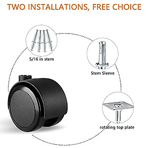 2 inch Caster Wheels (casters Set of 4) 5/16 inch Valve stem and Rotating top Plate Installation Options,Heavy Duty casters Total Load Capacity 1000LBS, Replaceable Wheels for Furniture(Black)