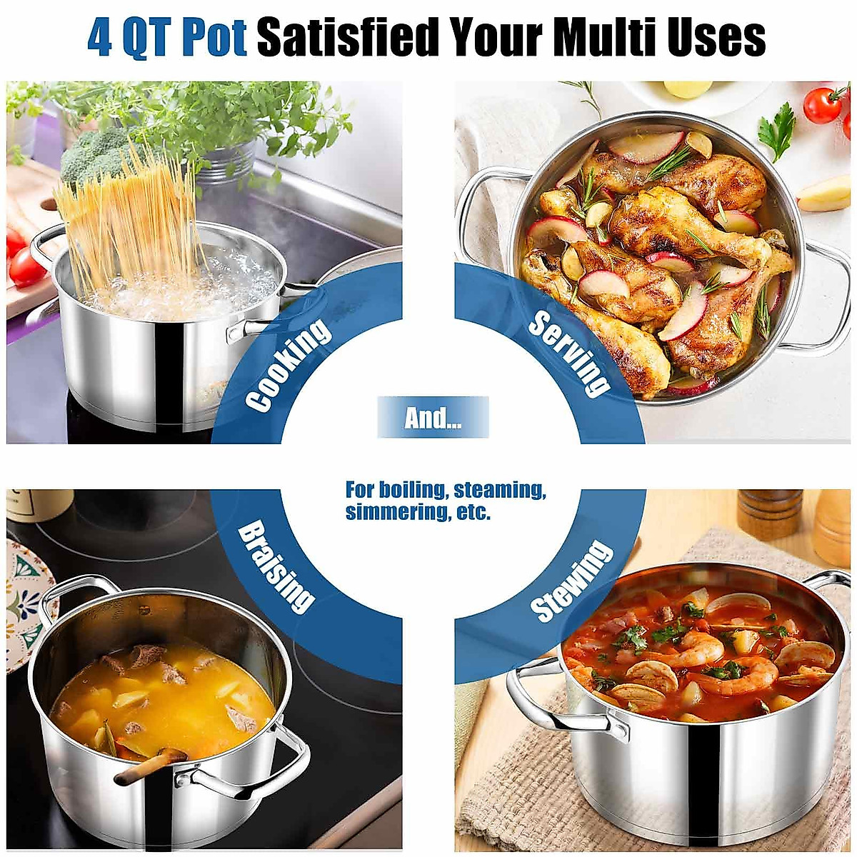 P&P CHEF 4qt Stainless Steel Stock Pot with Lid, Cooking Pasta Pot with Tri-Ply Base for Induction Gas Electric Stoves, Double Riveted Handles, Sturdy & Dishwasher Safe