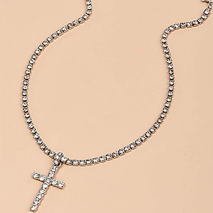 Gangel Silver Vertical Cross Tennis Necklace Glittering Chain Simple Fashion Pendant Exquisite Choker Jewelry with Rhinestone for Women (Pack of 1)