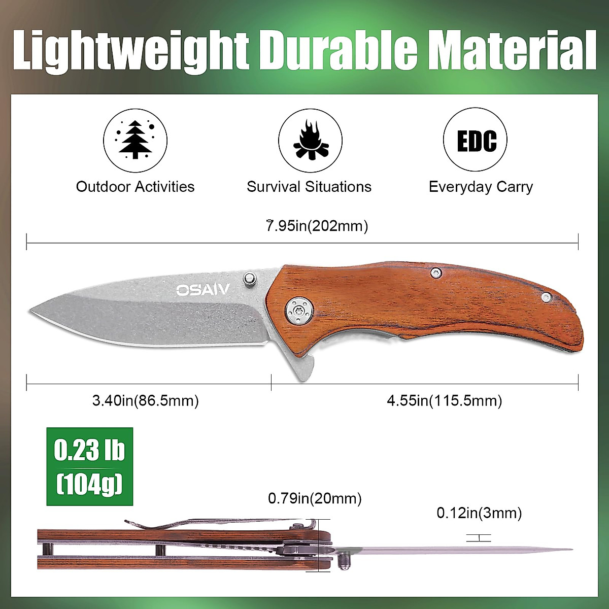 osaiv Pocket Folding Wood Knife Set, Speed Safe Opening EDC Tactical Foldable Knives with Lock, Small Sharp Camping Survival Hiking Knife, Ideal Gift for Men Women-Wood Color Handle