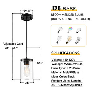 OUVR Modern Glass Pendant Light, Adjustable Hanging Pendant Lighting,60W Modern Clear Glass Pendant Lighting for Kitchen Island Hallway Porch Corridor Bedroom - 2 Pack