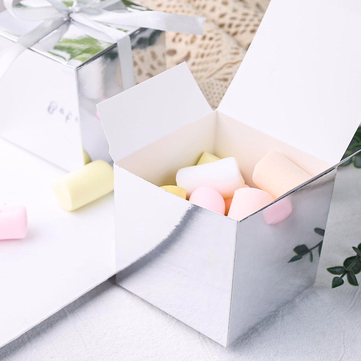 VGOODALL 50PCS Party Favor Boxes, Small Gift Boxes Mini Gift Boxes with Ribbons 3 x 3 x 3 inches Tiny Cardboard Boxes Treat Boxes for Wedding Birthday Party Silver