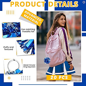 Remuuly 20 Pcs Cheer Pom Pom Keychain Cheerleader Gifts Cheerleading Keyring Charm Foil with Keychain Hooks for Women Accessories (Blue Silver)