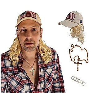 Country Hick Costume Set - USA Hat with Blonde Wig - Cross Necklace - Earrings -