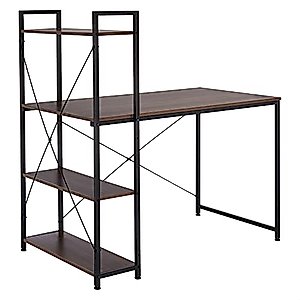 Coral Flower Tower Computer Desk with 4 Tier Shelves - 47.6'' Multi Level Writing Study Table with Bookshelves Modern Steel Frame Wood Desk Compact Home Office Workstation (Natural brown)