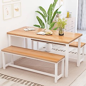 Recaceik Dining Table Set for 4 Kitchen Table Set with 2 Dining Benches, 3 Piece Farmhouse Dining Room Table Set Industrial Breakfast Nook Table Set for Small Space, Apartment, Walnut