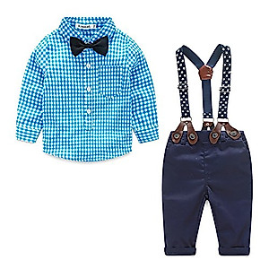 Kimocat Toddler Boy Clothing Sets Plaid Shirt Bowtie and Suspender Strap Pants Outfits (Blue, 0-6month(70#))