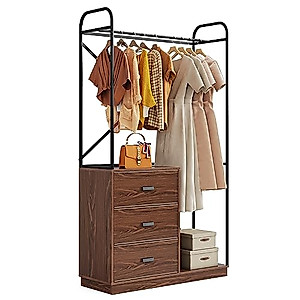 Tribesigns Freestanding Clothes Rack with 3 Drawers, Industrial Garment Rack Wardrobe Closet with Hanging Rod, Heavy Duty Wood Closet Organizer for Bedroom