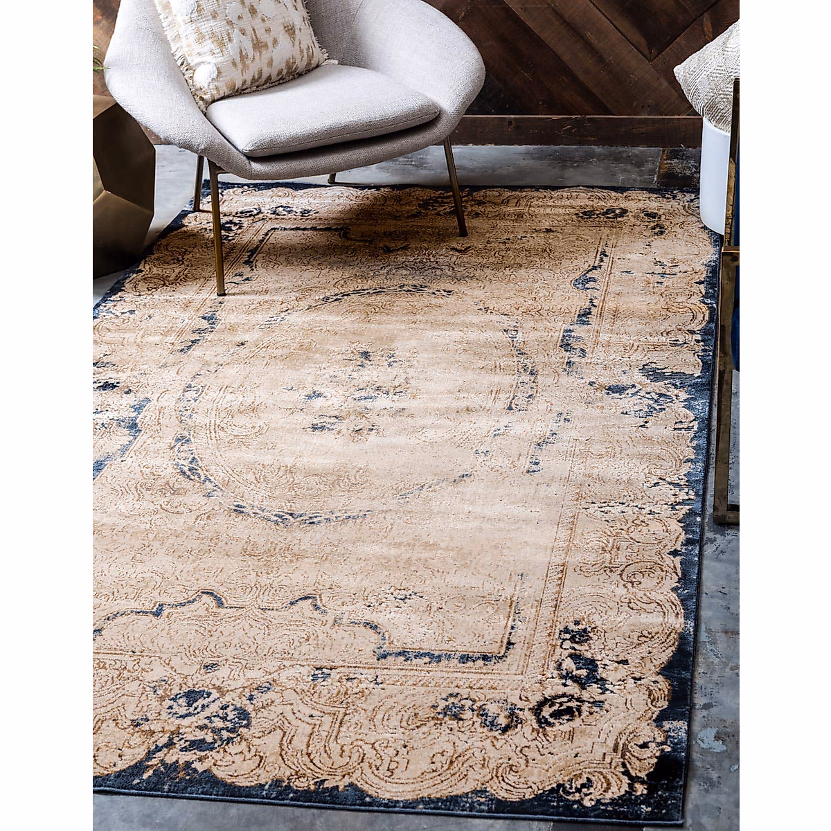 Unique Loom Chateau Collection Rustic, Vintage, Medallion, Textured, Distressed, Traditional Area Rug, 5 ft x 8 ft, Beige/Navy Blue
