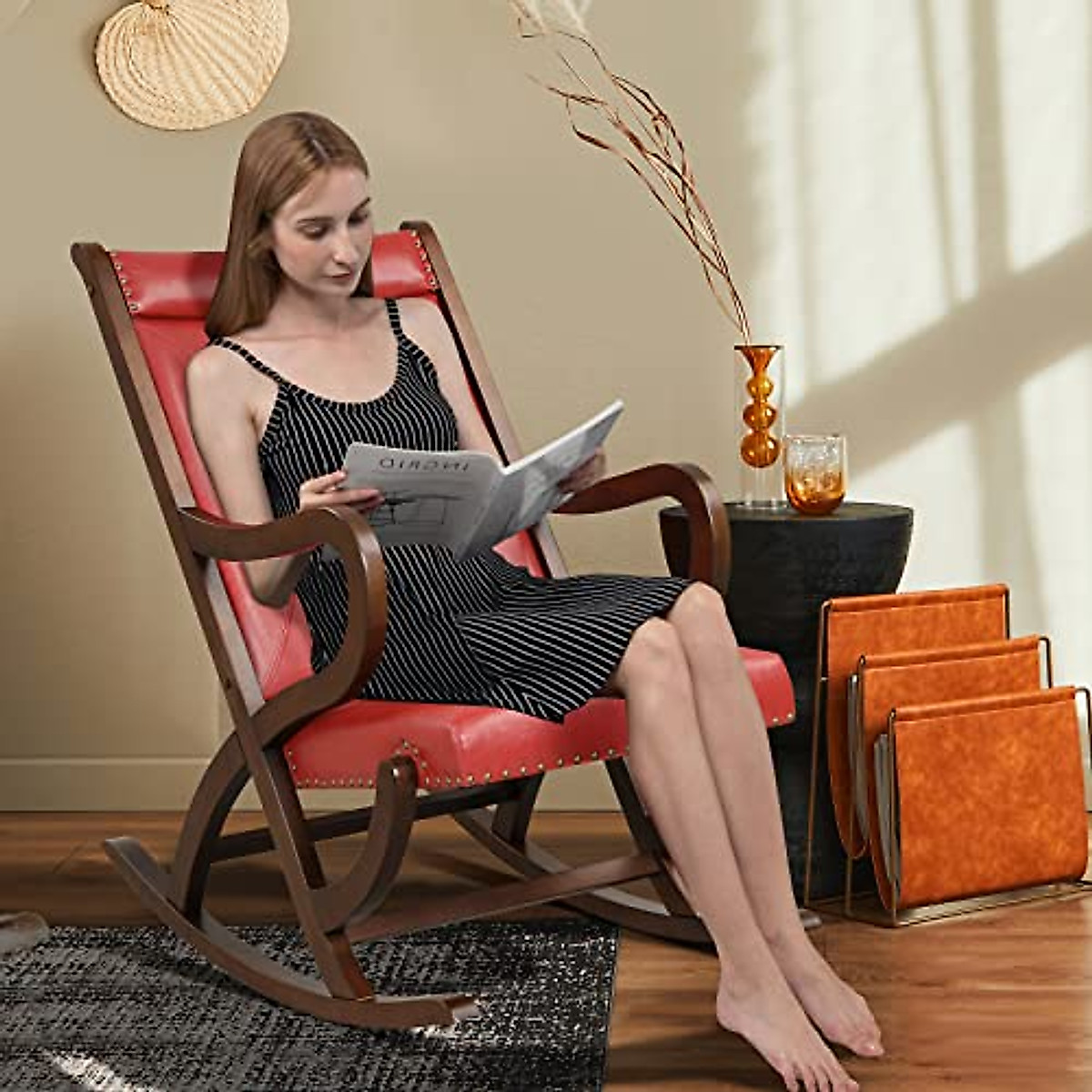 Giantex Rocking Chair with Cushion, Modern PU Leather Rocker, Rubber Wood Frame, Ergonomic Backrest Armrest, Single Rocking Chair for Nursery Living Room Bedroom Lounge Office, Red