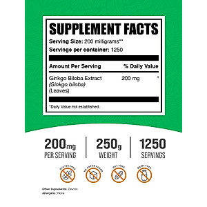 BulkSupplements.com Ginkgo Biloba Extract Powder - Ginkgo Biloba Supplements, Ginkgo Biloba 120mg - Ginkgo Biloba Powder, Ginkgo Leaf Powder - Gluten Free, 120mg per Serving, 250g (8.8 oz)