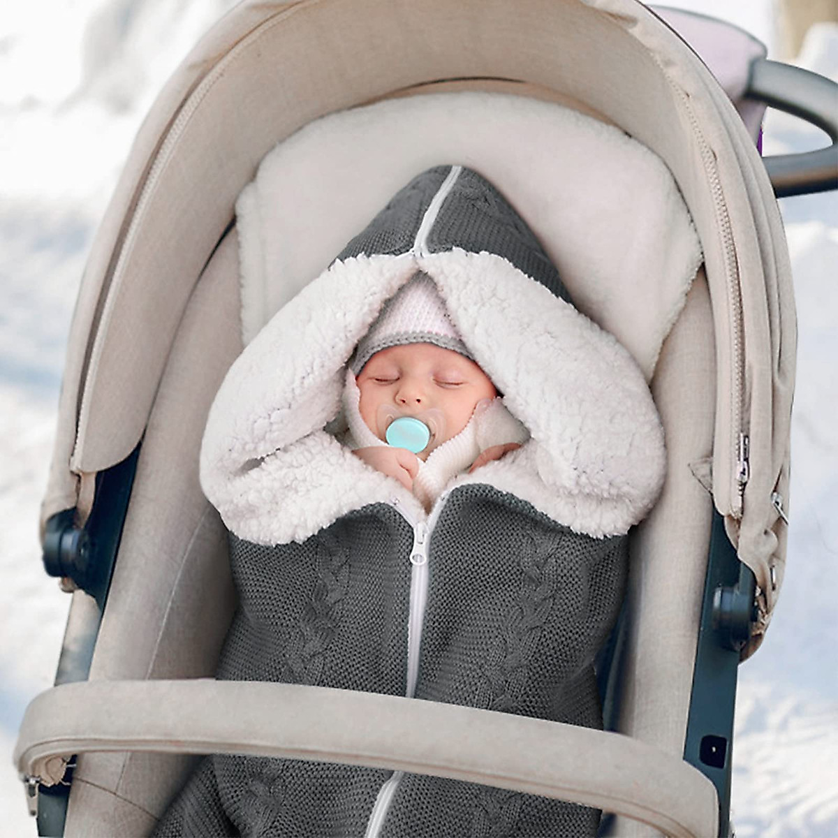 Baby Swaddle Blanket Stroller Wrap Fleece Knit Sleeping Bag Soft Warm Nap Blanket Plus Velvet for 0-12 Month Baby Boys Girls (Gray)