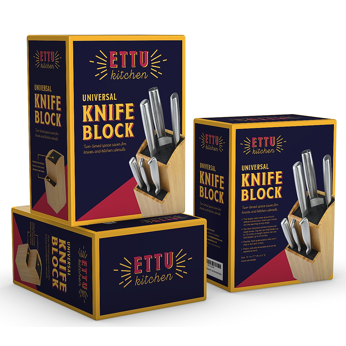 Bamboo Universal Knife Block - Extra Large Two-tiered Slotless Wooden Knife Stand, Organizer & Holder - Convenient Safe Storage for Large & Small Knives & Utensils - Easy to Clean Removable Bristles