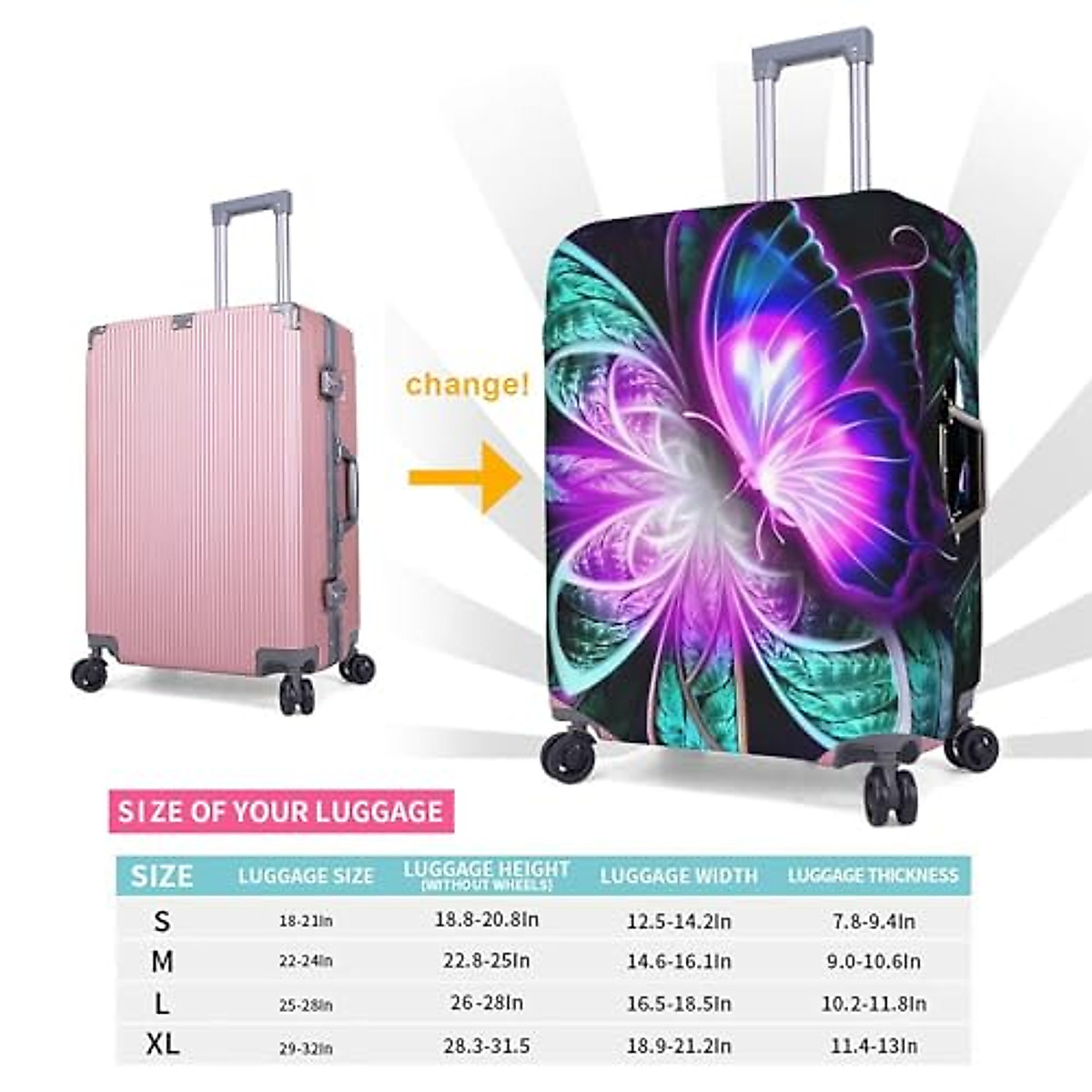 Travel Luggage Cover Suitcase Protector, Fractal Purple Butterfly Leaves Thickened Washable Elastic Anti-scratch Suitcase Sleeve with Concealed Zipper for Wheeled Suitcase Fits 18-21 Inch Luggage
