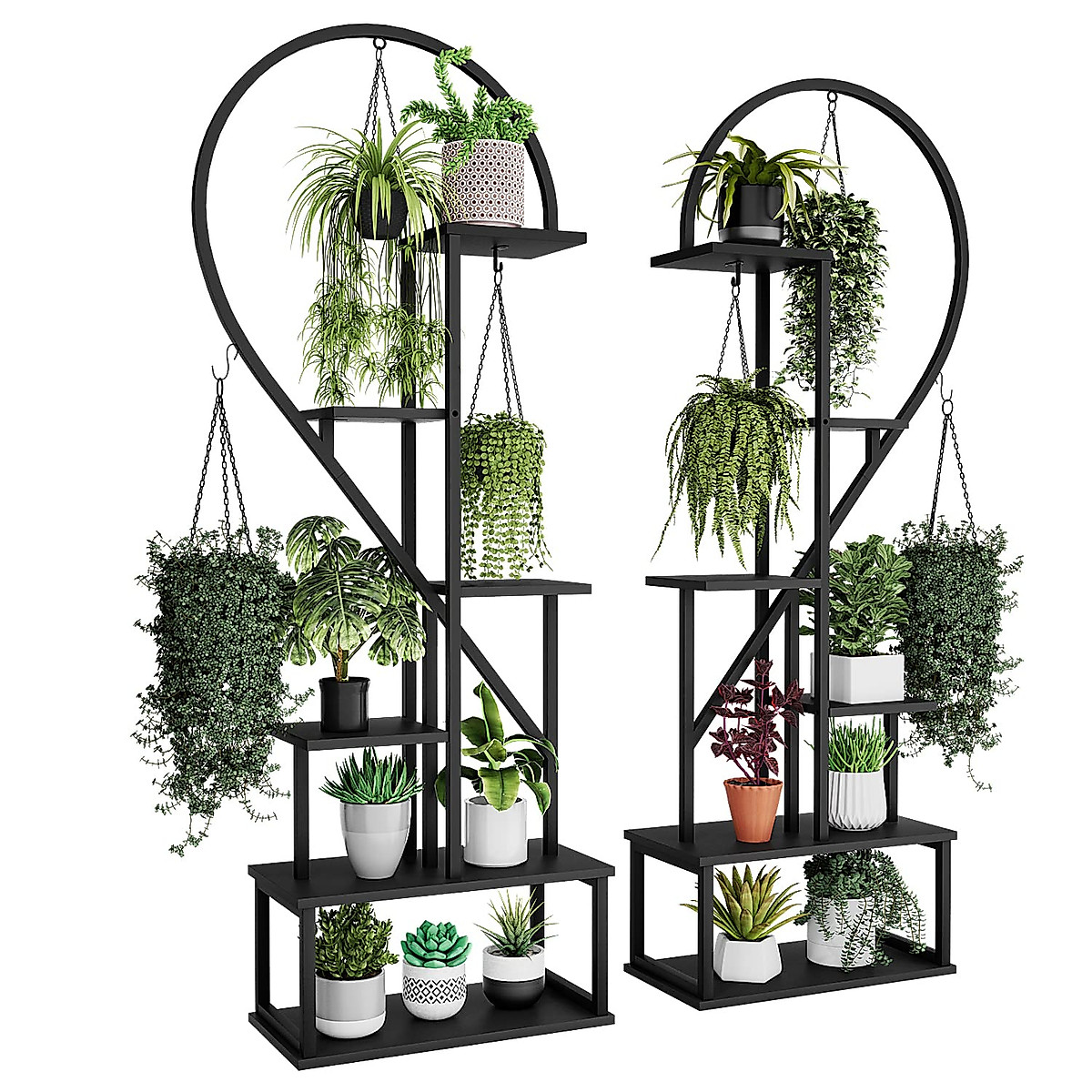 POTEY 6 Tier Metal Plant Stand, Creative Half Heart Shape Ladder Plant Stands for Indoor Plants Multiple, Plant Shelf Rack for Home Patio Lawn Garden (Black Board 2 Pack)