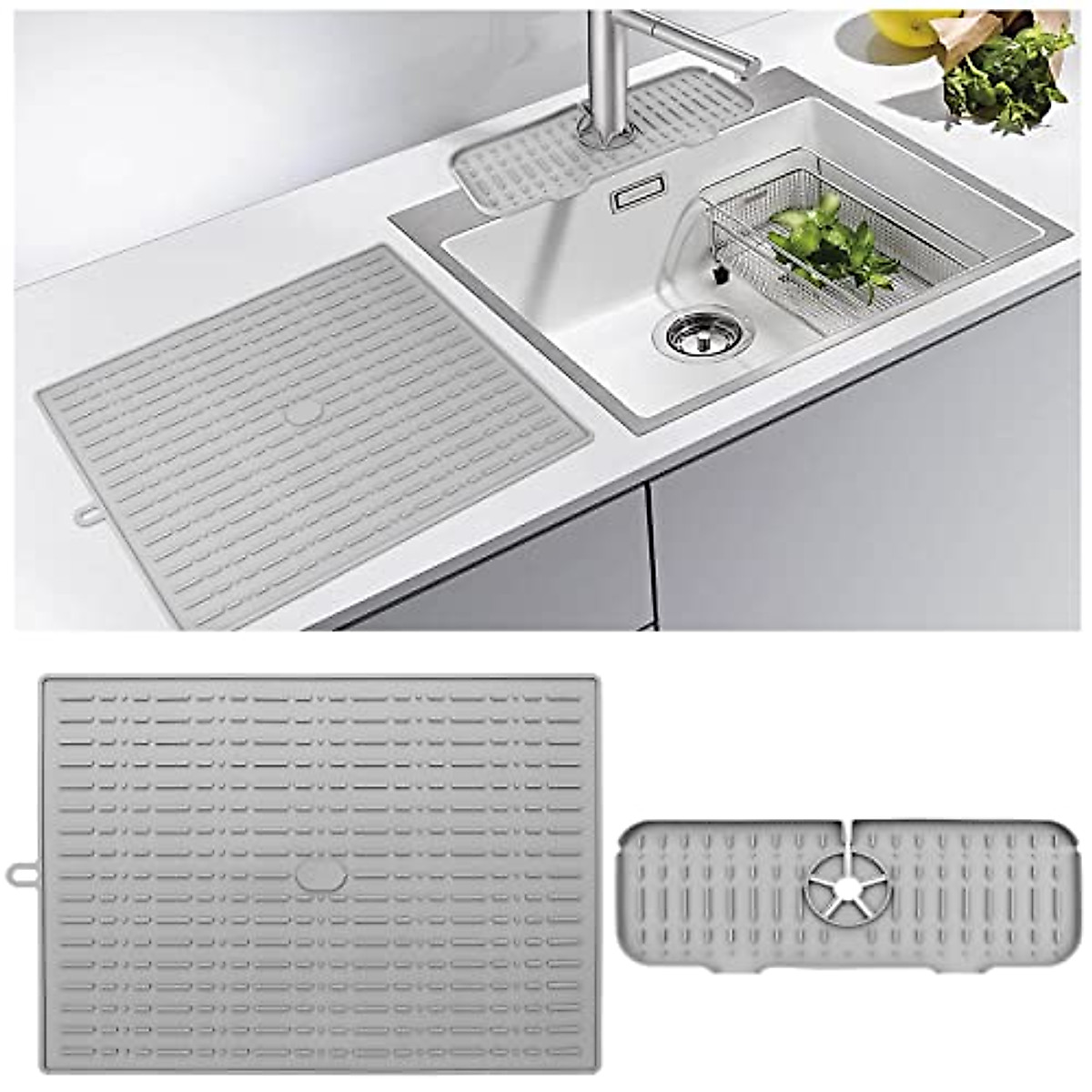 Large Silicone Dish Drying Mat with Faucet Mat - 20" x 16" - Dish Drying Mat, Dish Drainer Mat for Kitchen Counter, Heat Resistant Hot Pot Pad, Non-Slip Sink Mat, BPA Free, Dish Washer Safe(Grey)