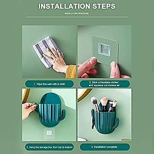 Gecau 4PC Cactus Shape Storage Box - Punch-Frees Cartoon Soap Holder - Wall Mounted Makeup Tool Container for Shower Toilet Bathroom Kitchen