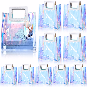 20 Pcs Iridescent Gift Bags Bulk Reusable Holographic Bag Clear PVC Tote Bag with Handles for Women Girl Party Favor (7 x 4 x 8 Inch)