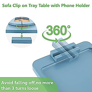SINWANT Sofa Arm Clip on Tray Table,Bamboo Couch Table for Wide Side Table, Armrest with 360° Phone Holder,Portable TV Table,Sofa Eating and Drink Blue