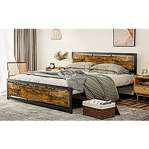 IKIFLY Industrial Metal King Size Bed Frame/Farmhouse Metal Platform Bed with Wooden Headboard Footboard/Heavy Duty Steel Slats Support/No Box Spring Need, Easy Assembly（King, Rustic Brown）