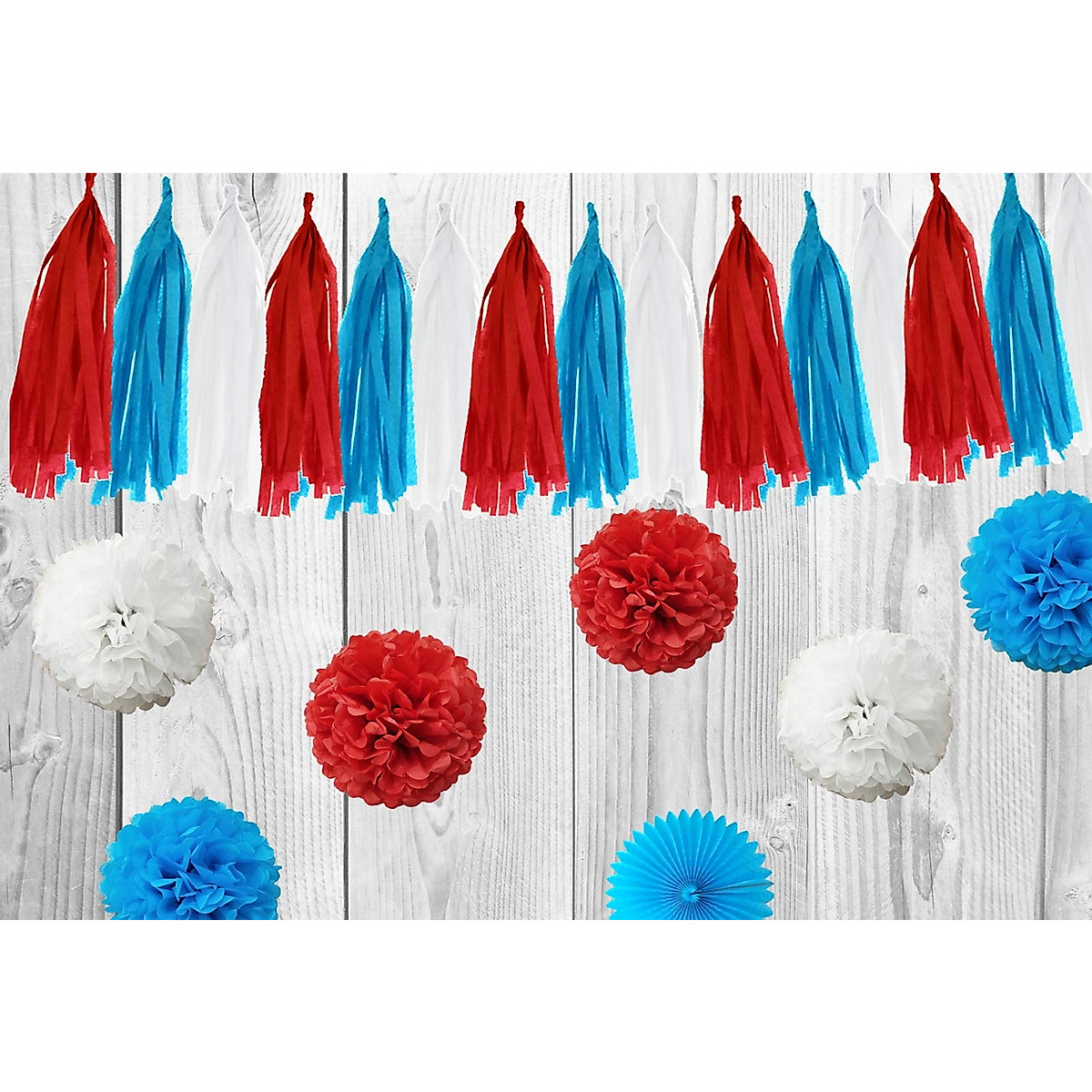 Dr Seuss Cat in The Hat 28PCS Red Blue White Carnival Birthday Bridal Baby Shower Wedding Bachelorette Decoration Kit - 12" 10" Tissue Pom Pom, 16" 12" 8" Paper Fan, Paper Tassel, Clover Garland