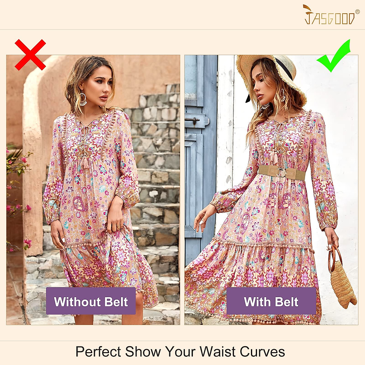 JASGOOD Straw Woven Elastic Belt for Women Vintage Wide Stretch Waistband for Dress Boho Ladies Summer Dress Belt