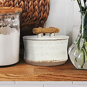 Bloomingville 6.75 Round Stoneware Lid and Pine Wood and Jute Handle in Reactive Glaze, Beige Canister