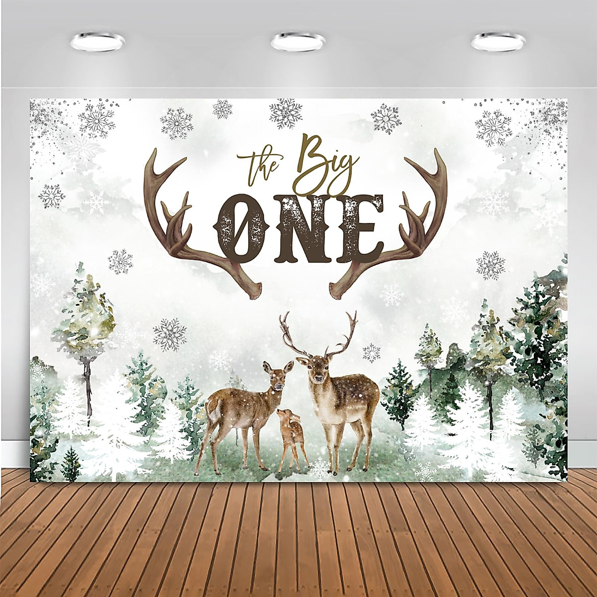 Mocsicka Deer 1st Birthday Backdrop Advenrture Winter Forest Deer Party Decoration The Big One Deer Antlers Rustic 1st Birthday Banner Bakground (Green, 7x5ft(82x60 inch))