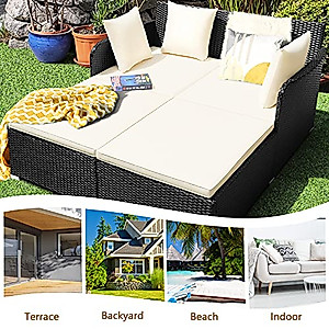 HAPPYGRILL Outdoor Daybed Rattan Wicker Patio Daybed with Padded Cushions Pillows and Sturdy Aluminum Foot, Patio Sofa Furniture Set for Garden Porch Poolside