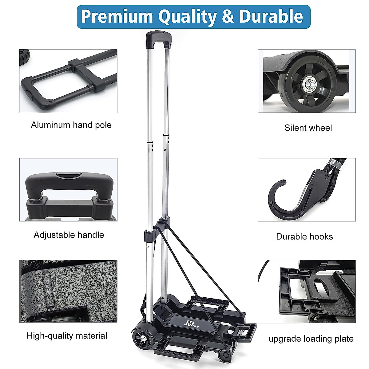 JMFOLD 70 lbs Folding Hand Truck,Lightweight Hand Truck Dolly with 2 Wheels & 2 Ropes,Portable Trolley,Folding Luggage Cart,Airport,Travel,Moving and Office (Silver-Aluminum)